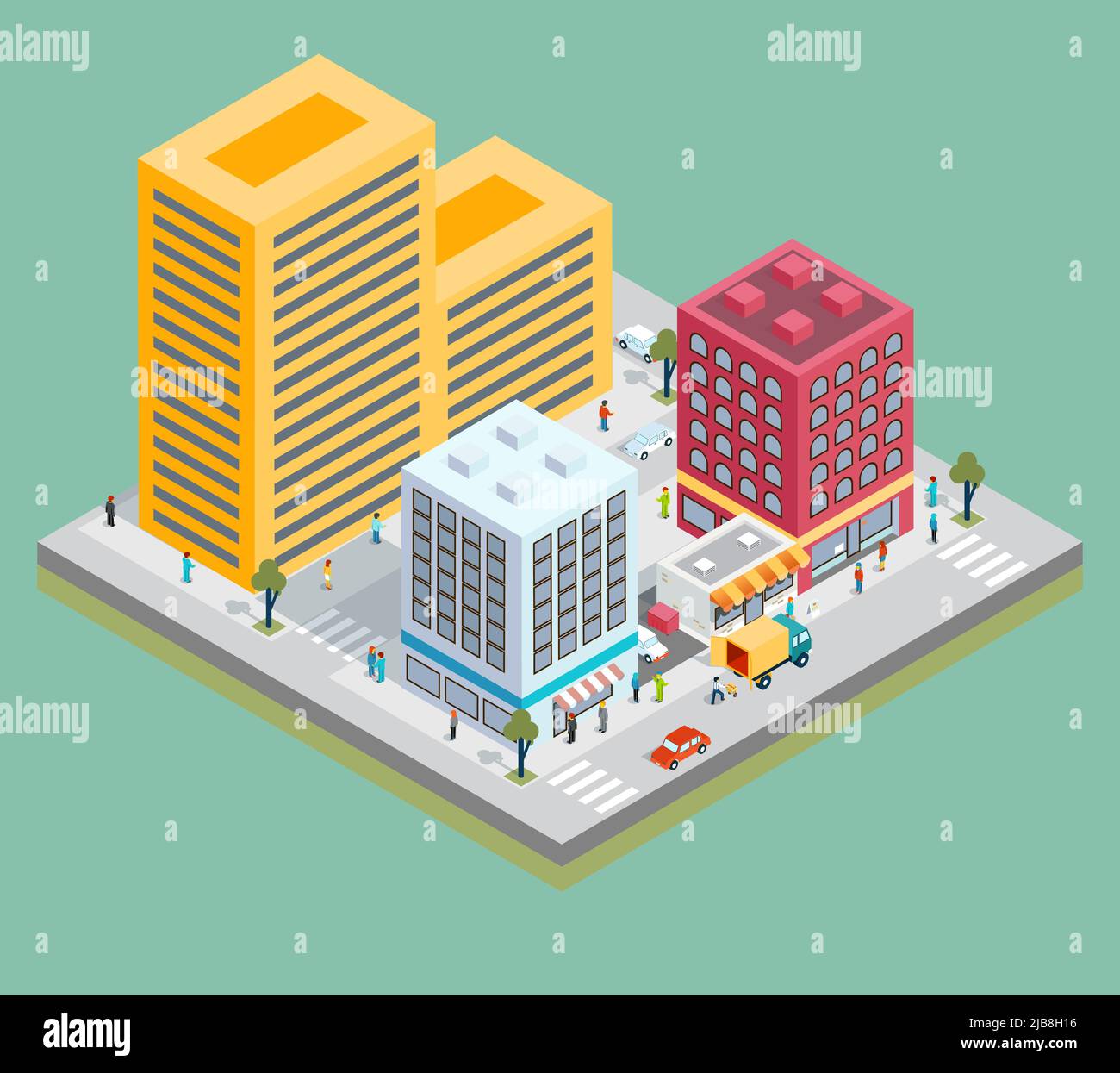 Isometric city center map with buildings, shops and roads. Town plan ...