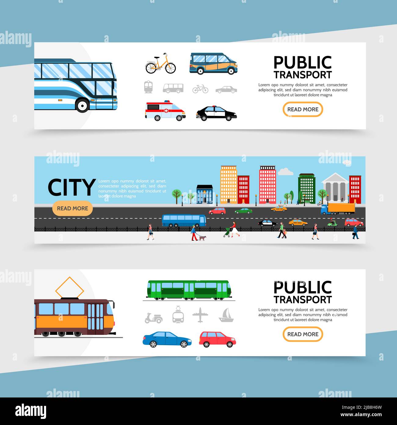 Flat public transport horizontal banners with bicycle van ambulance ...