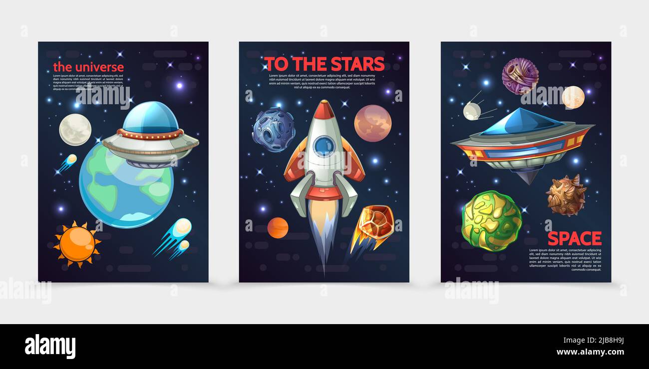 Cartoon colorful space vertical banners with rocket ufo spaceships sun ...