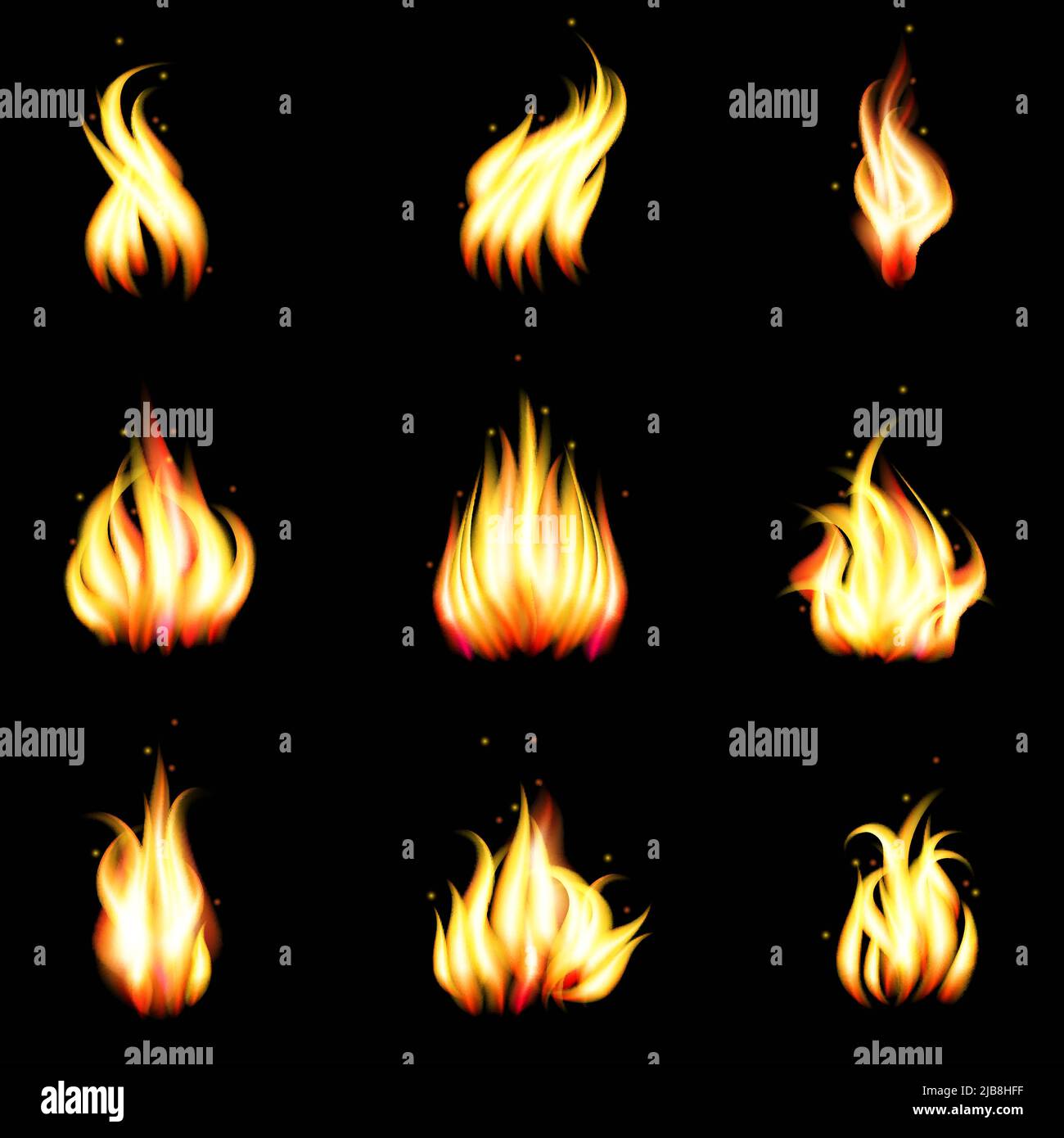 Set of vector realistic fire. Heat and blaze, energy and bonfire ...