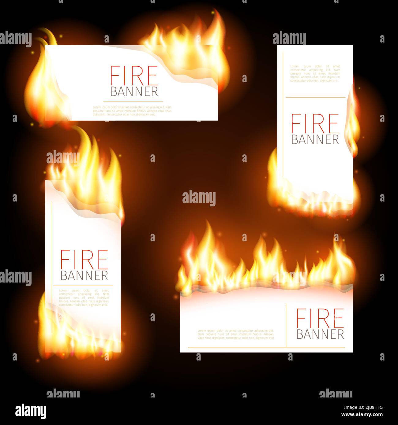 Set of advertisement banners with spurts of flame. Heat and burn, blaze ...