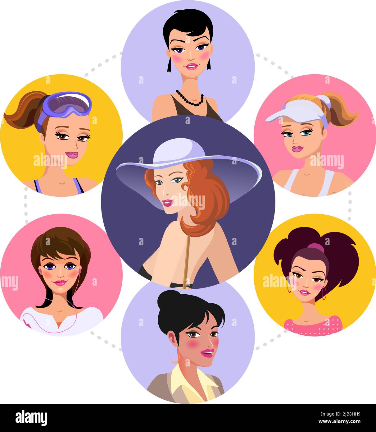 Flat woman characters round concept with different hairstyle and ladies ...