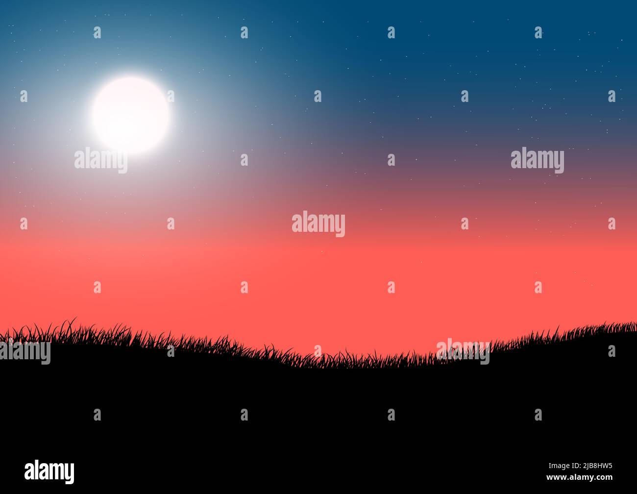 graphics drawing silhouette super moon at night and grass on the ground ...
