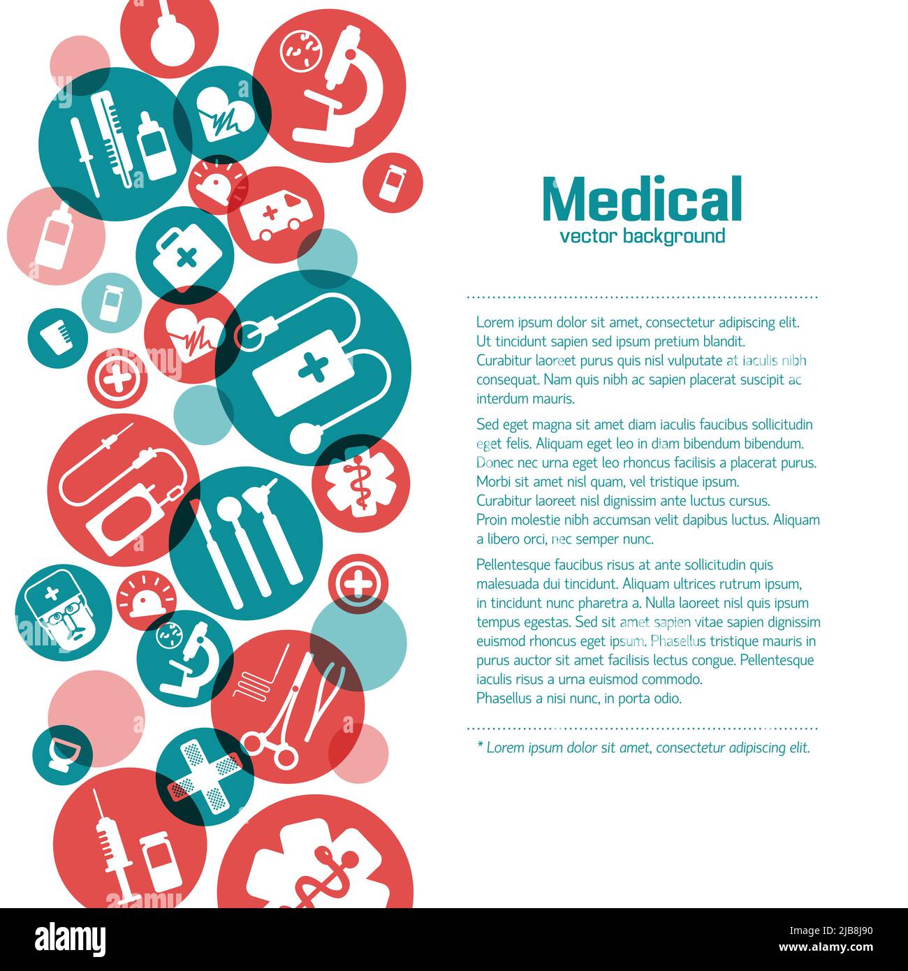 Medical science poster with icons in red and green circles on white ...