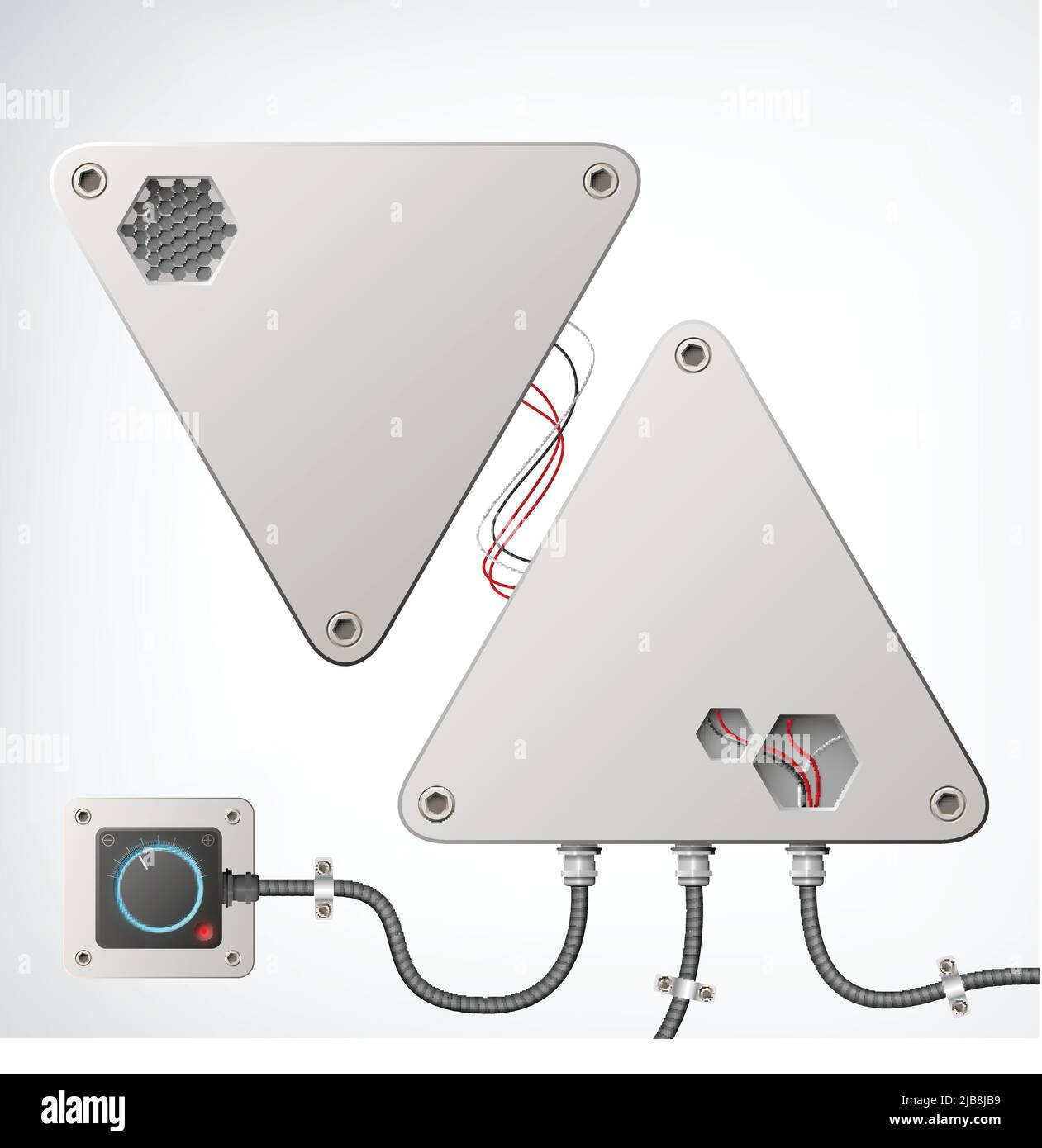 Metallic technical industrial box composition as two grey triangle with ...