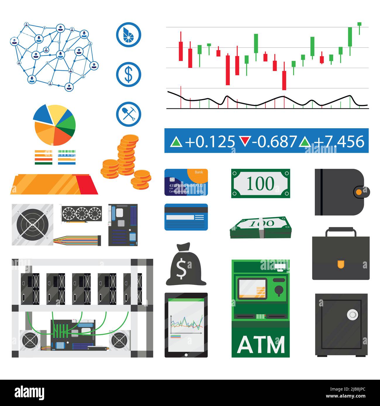 Blockchain cryptocurrency business flat icons set isolated on white background vector ...