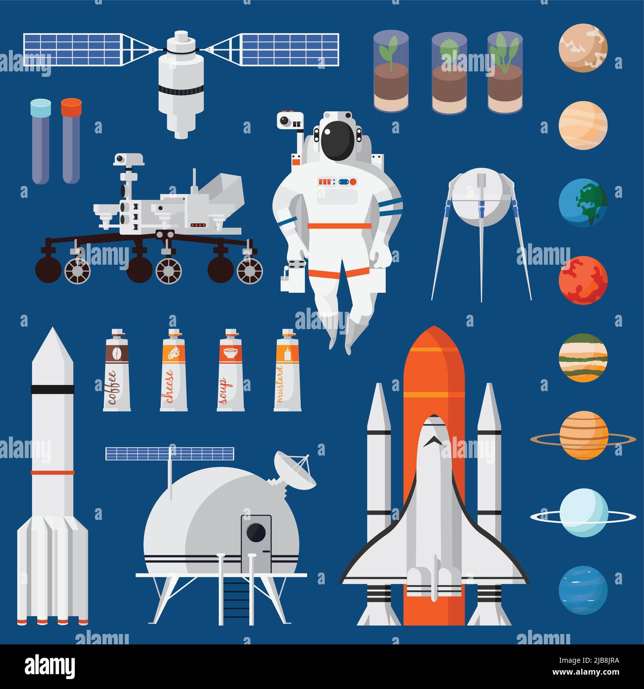 Space exploration flat icons set lunar rover artificial satellite ...