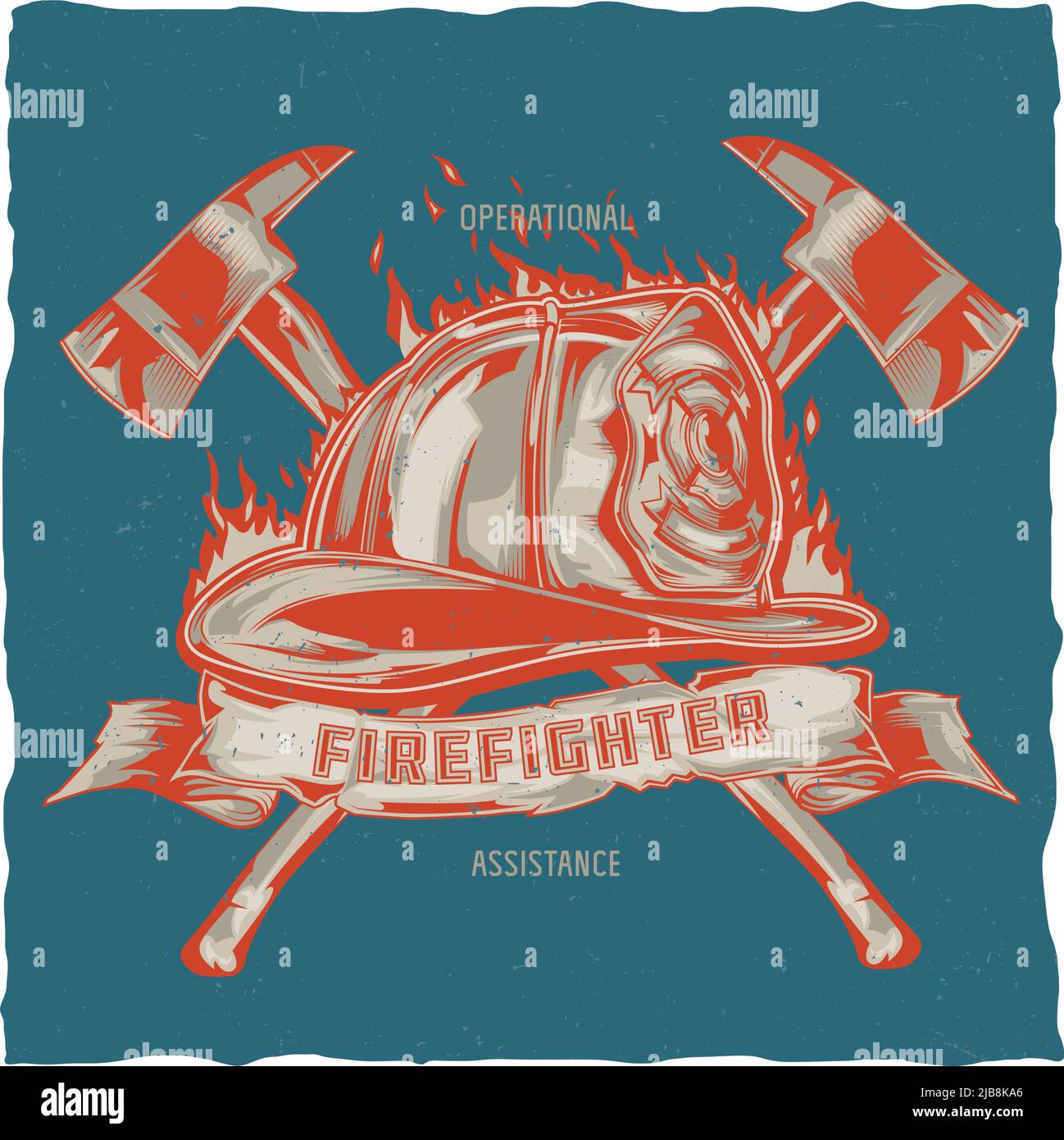 Firefighter t-shirt label design with illustration of helmet with ...