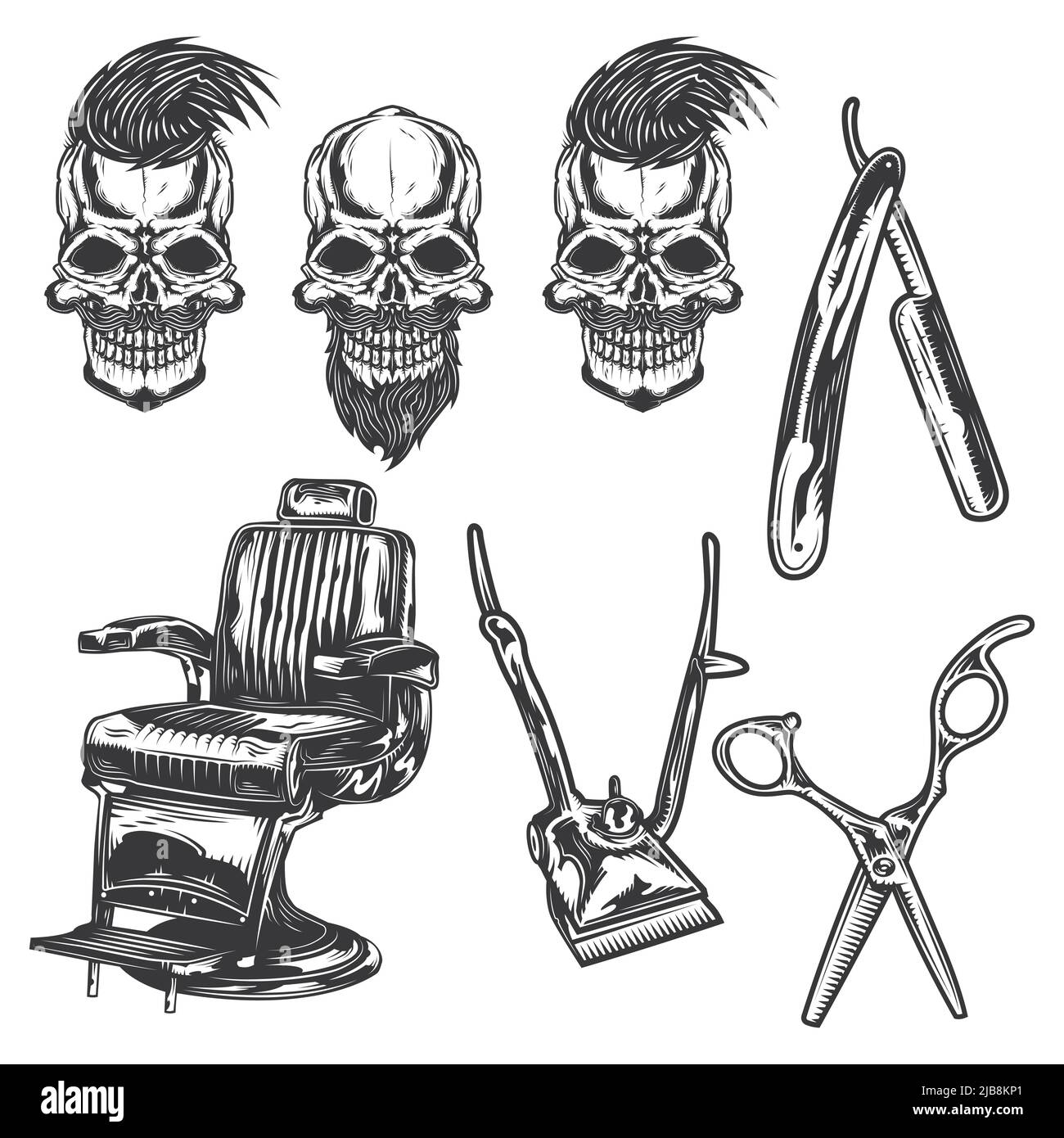 Set of barber equipment and skulls for creating your own badges, logos ...