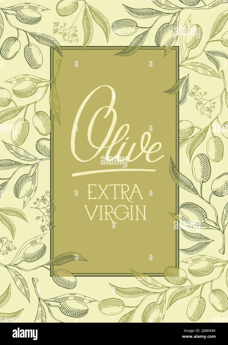 Abstract olive vintage poster with calligraphic text and sketch tree ...