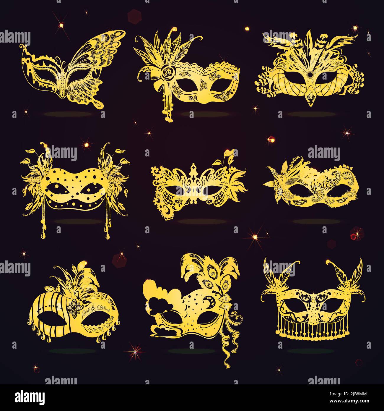 Golden lace masquerade party masks set in cartoon style on dark ...