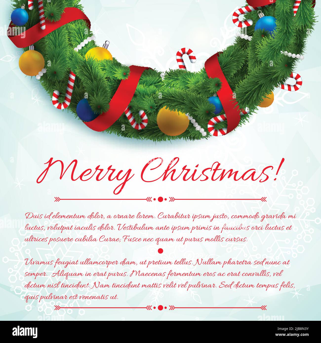Abstract winter celebrating poster with green wreath greeting text and ...