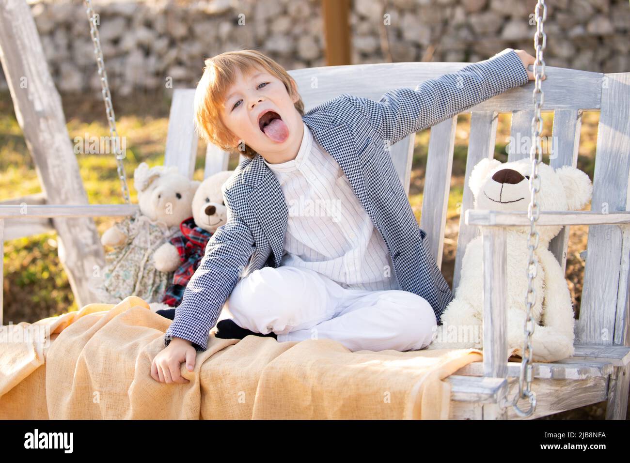 Funny child boy having fun on a swing. Adorable little kid having fun ...