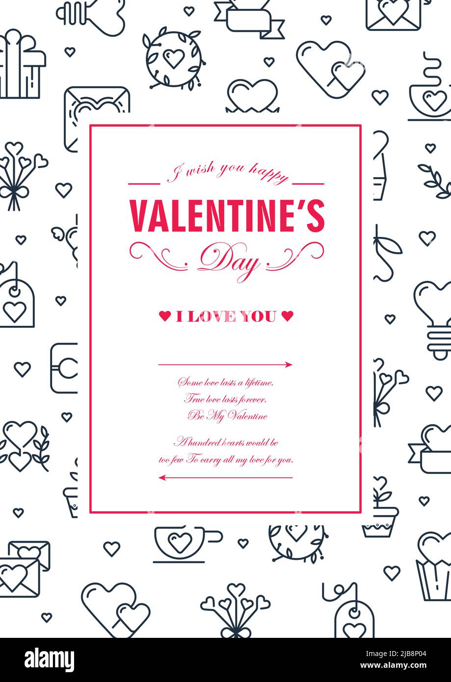 Original colored square frame card with many small hearts, envelopes ...