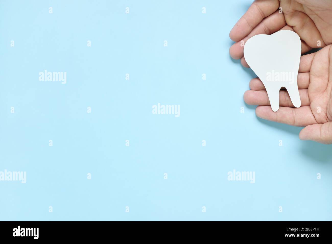 Top view of hands holding a big white tooth cutout in blue background ...