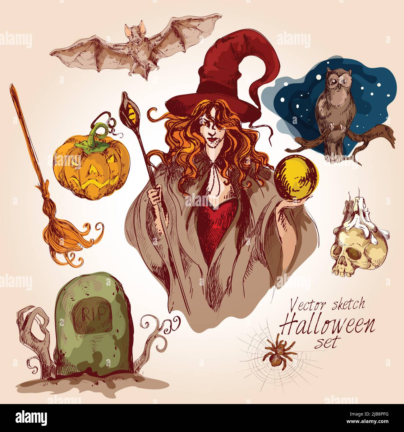 Halloween autumn holiday celebration colored sketch decorative elements ...