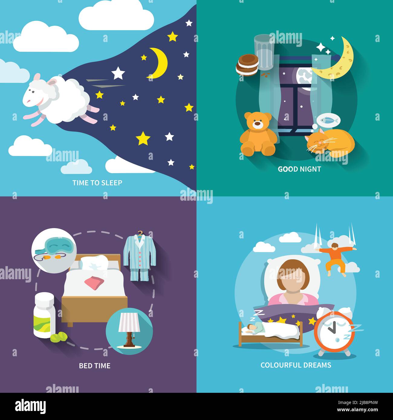 Sleep time icons flat set with good night bed colourful dreams isolated ...