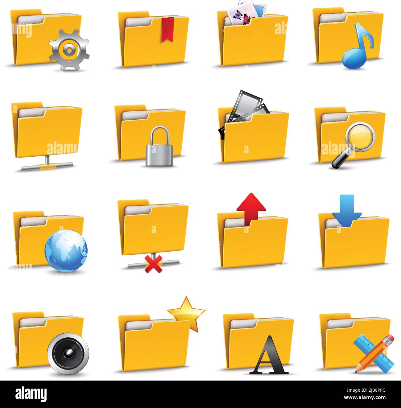 Computer folders files and archives document search icons set isolated ...