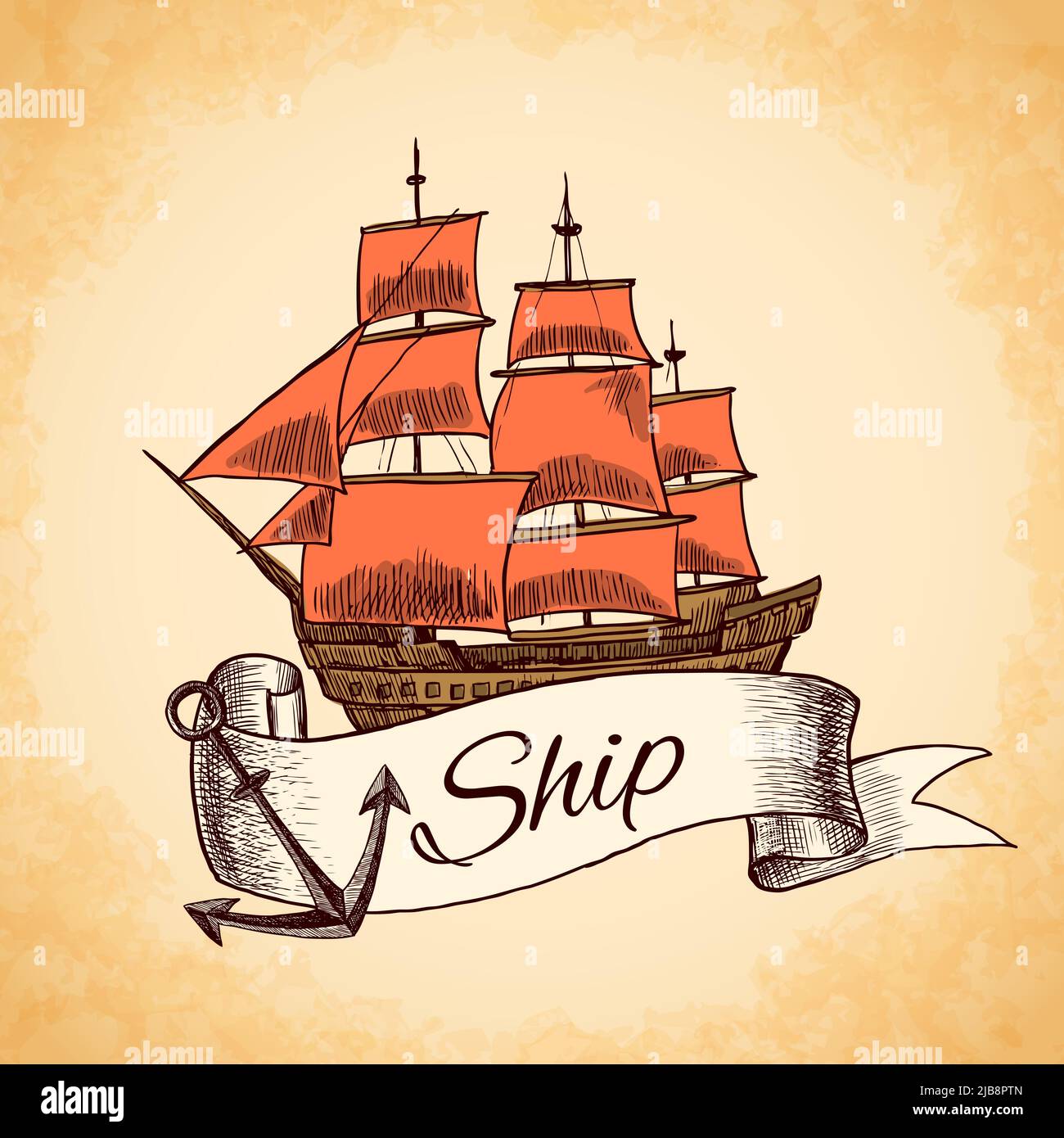 Sailing tall ship wooden vintage clipper with red sails nautical emblem ...