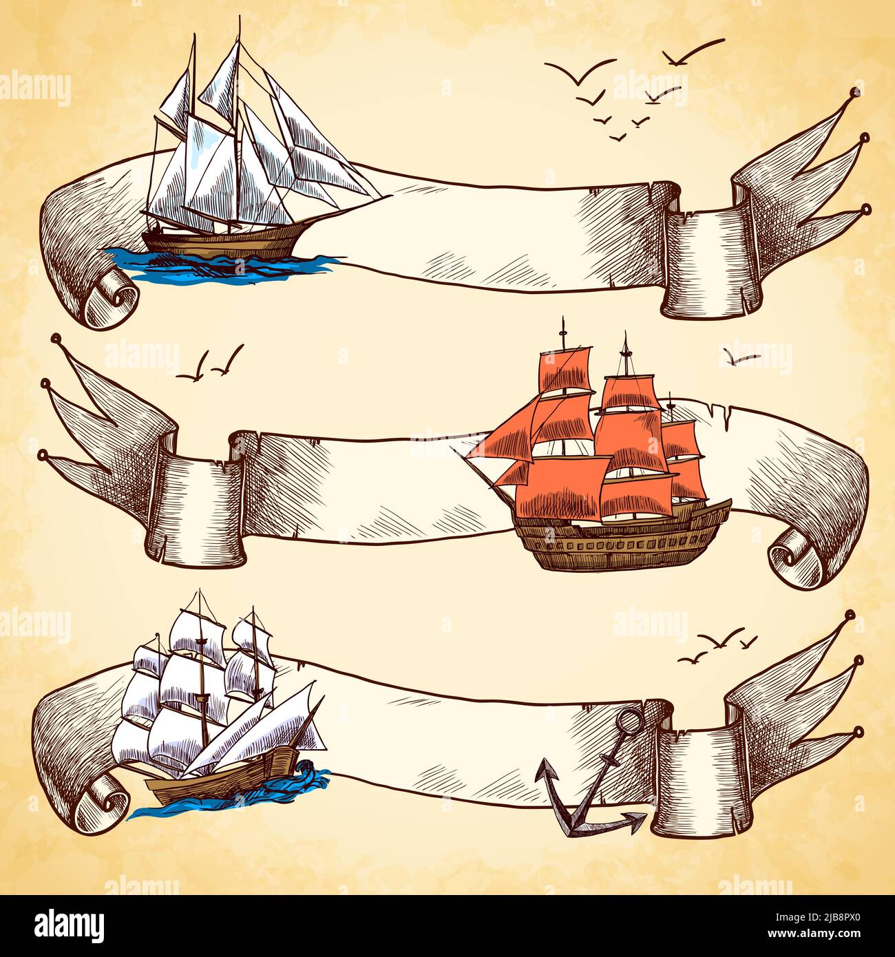 Nautical ribbon banners colored sketch set with sailing wooden tall ...