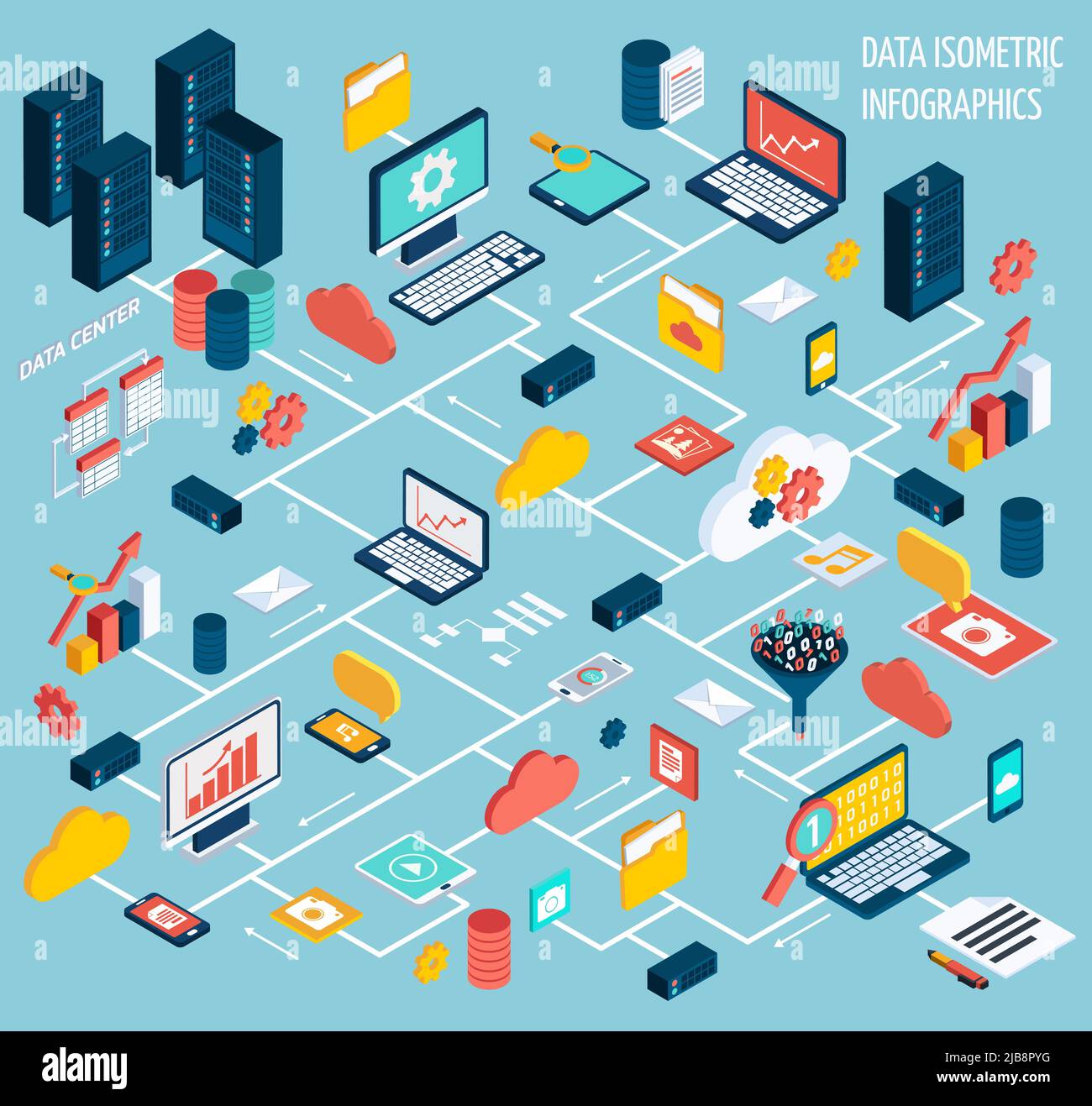 Data infographic isometric set with data center and network elements ...