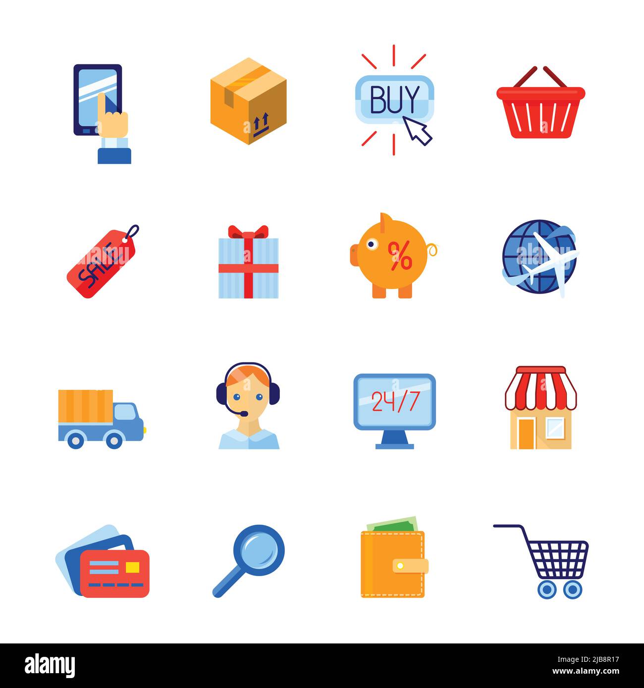 Online shopping e-commerce delivery commercial services flat icons set ...
