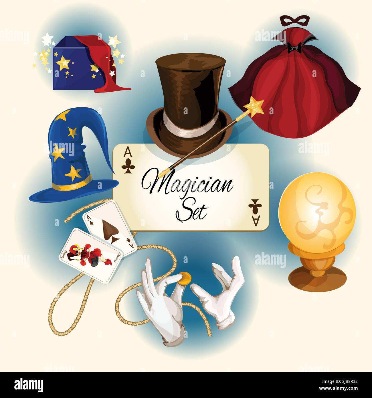 Magician decorative colored icons set with magic hat cards cylinder ...