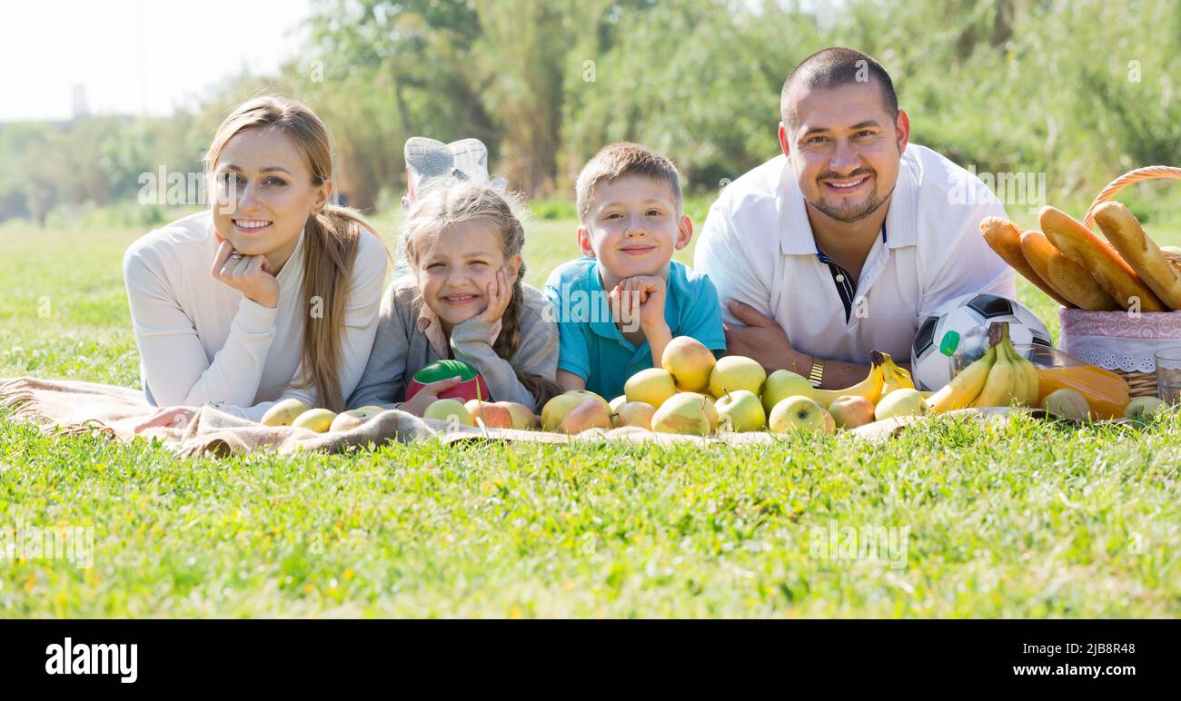 Smiling family of four lying in the park Stock Photo - Alamy