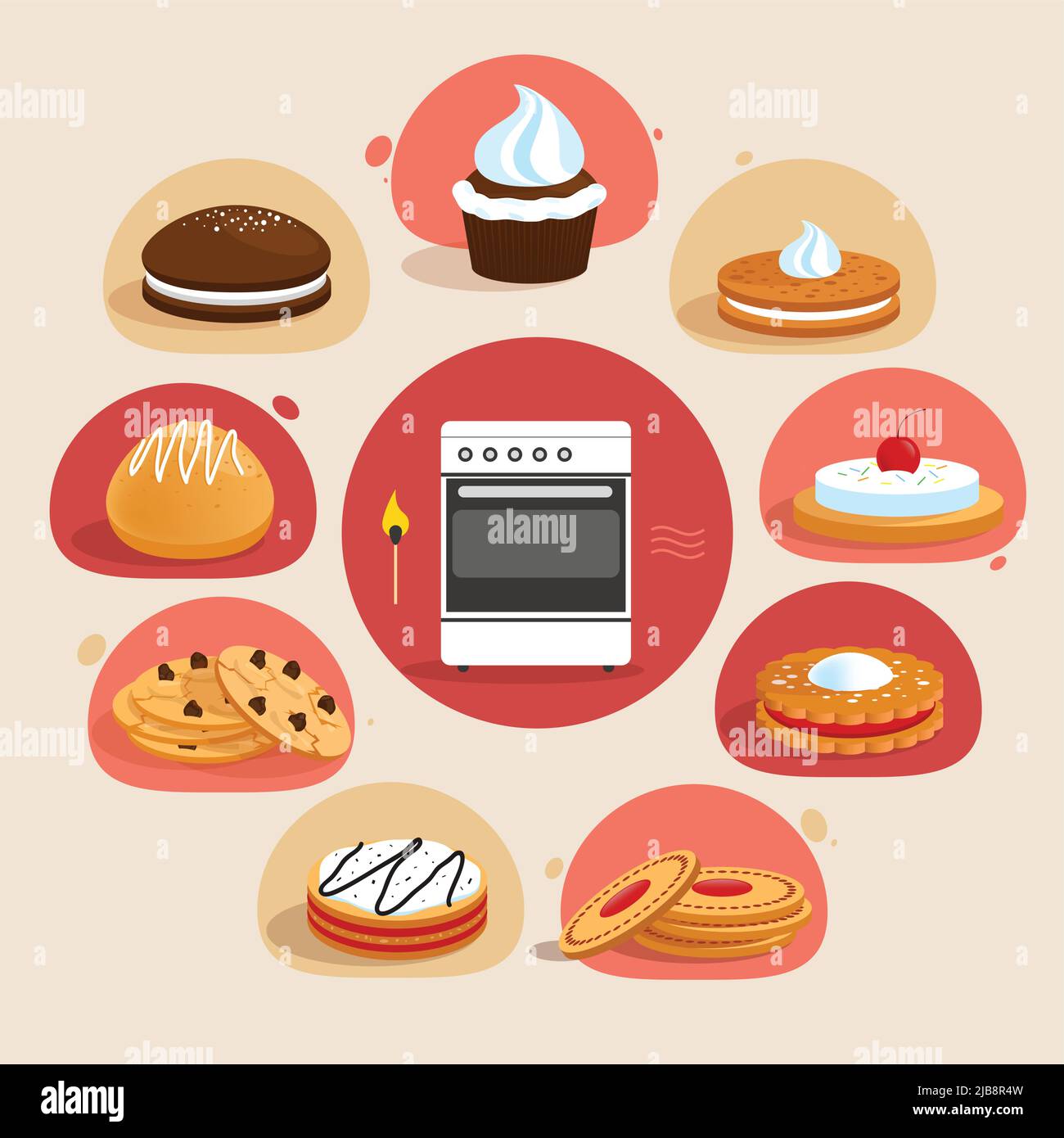 Sweet sugar tasty food cookies bakery decorative icons set with oven in ...