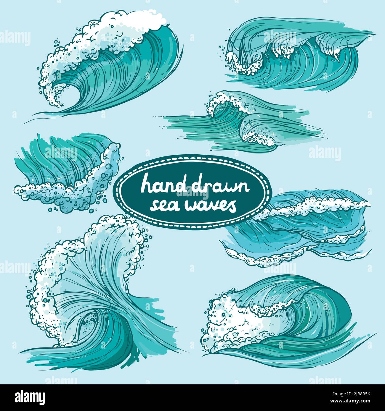 Waves flowing water hand drawn sea ocean colored decorative icons set ...