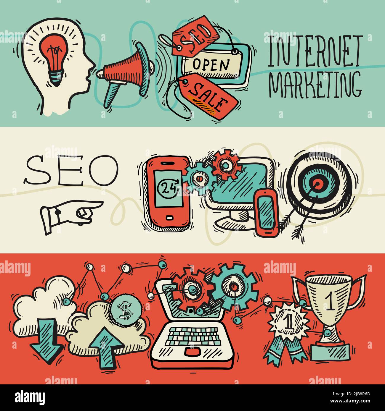 SEO internet marketing banner design concept colored sketch icons set ...