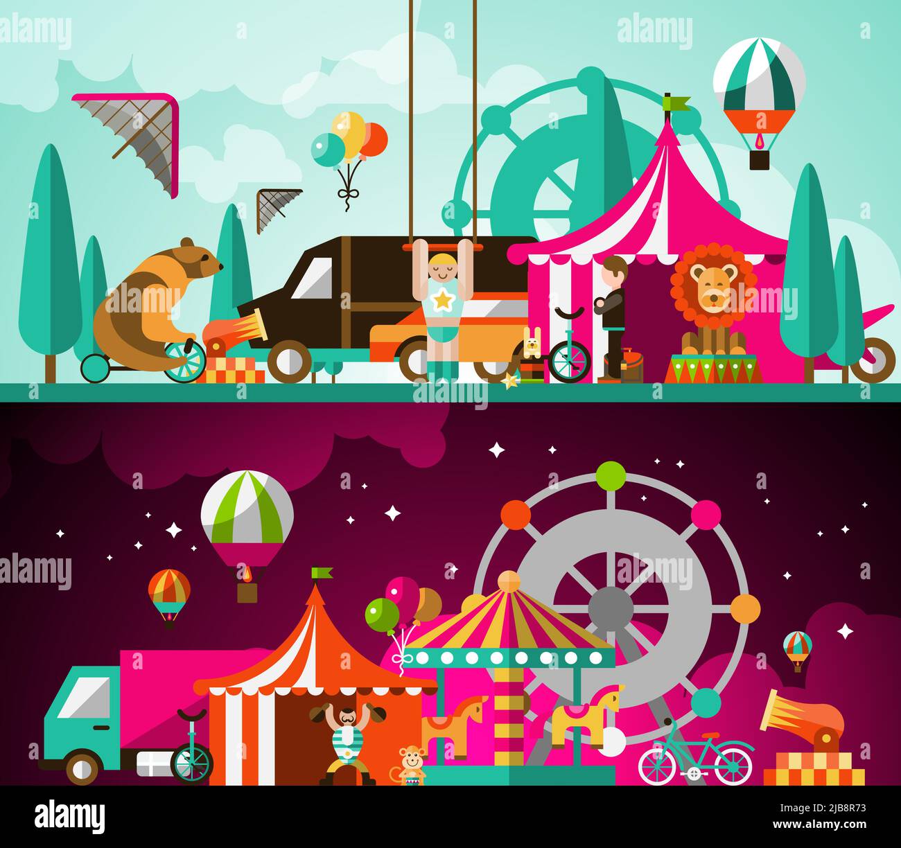 Circus entertainment attractions day and night performances background ...
