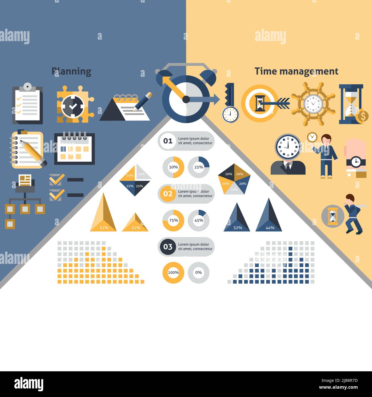 Time management and planning infographics set with charts and ...