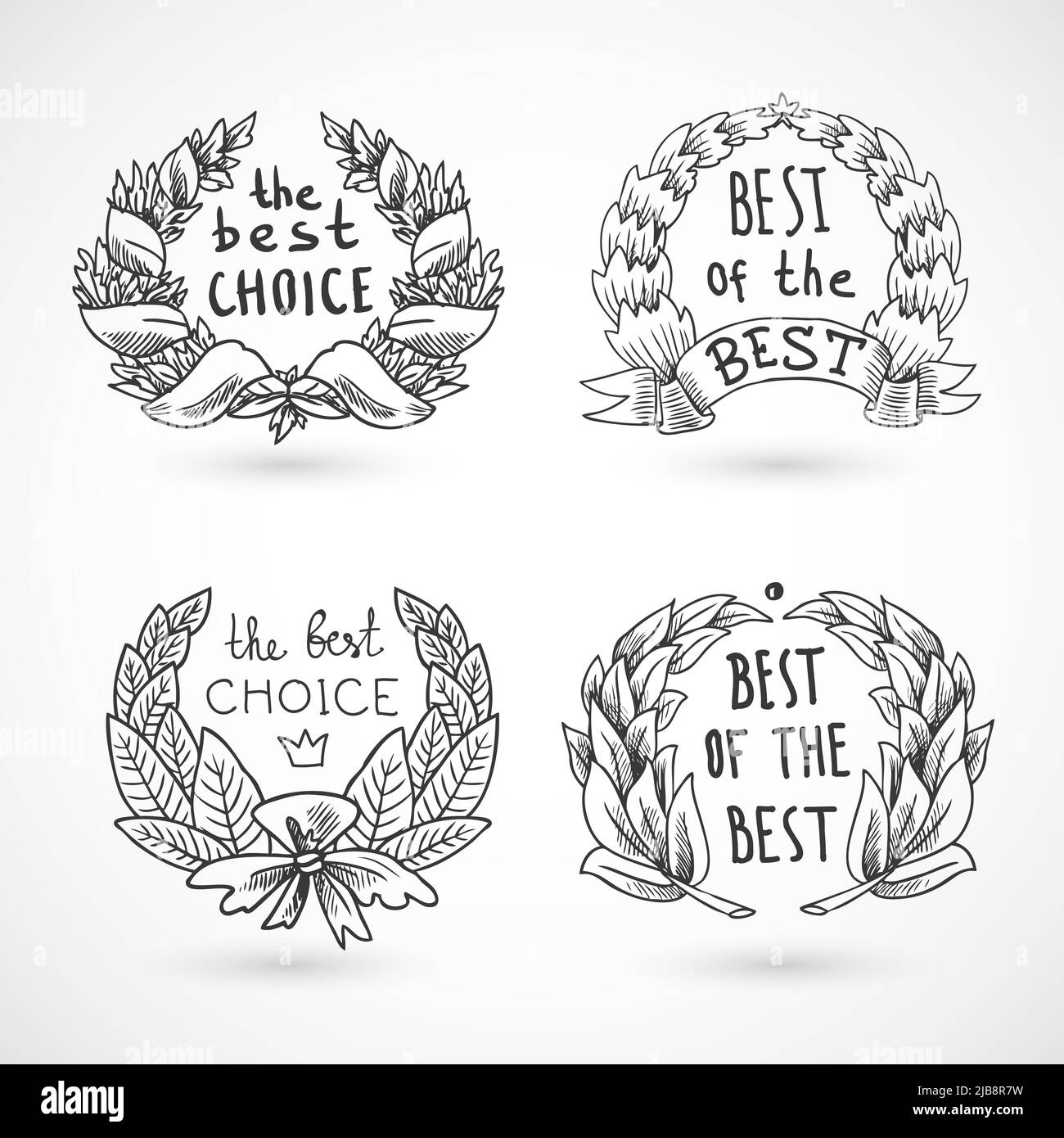 Best of the best choice prize wreaths emblems sketch set isolated ...