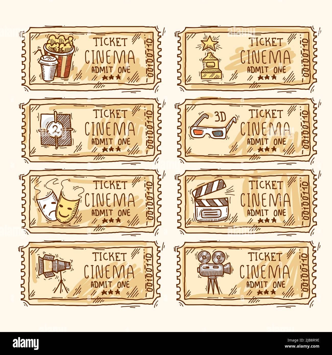 Cinema sketch paper ticket set with popcorn glasses clapperboard and ...