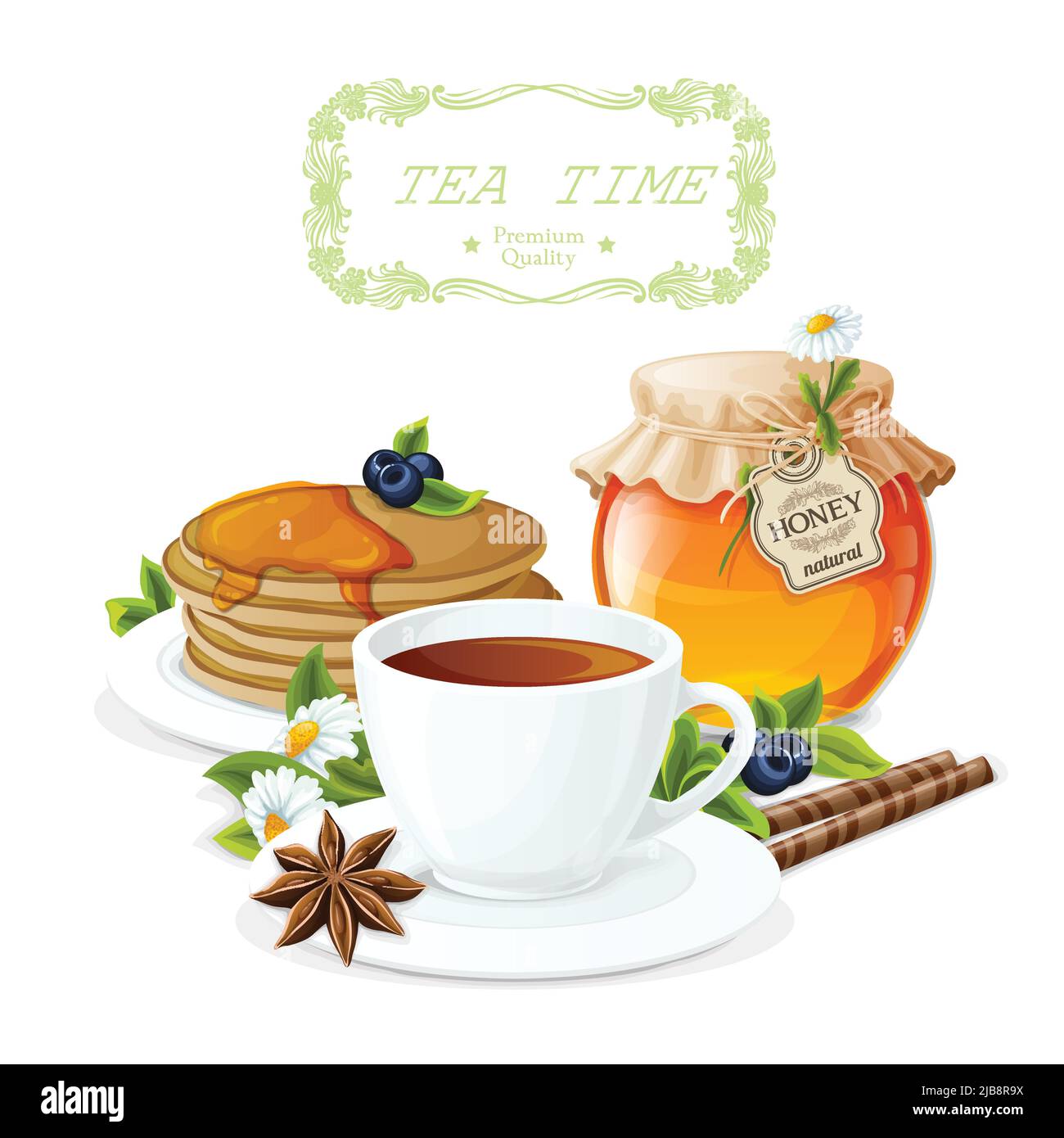 Tea time poster with cup and saucer honey jar and pancakes plate vector ...