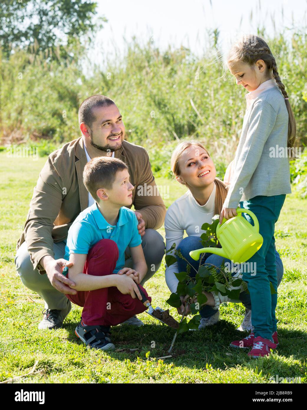 family planting tree outdoors Stock Photo - Alamy
