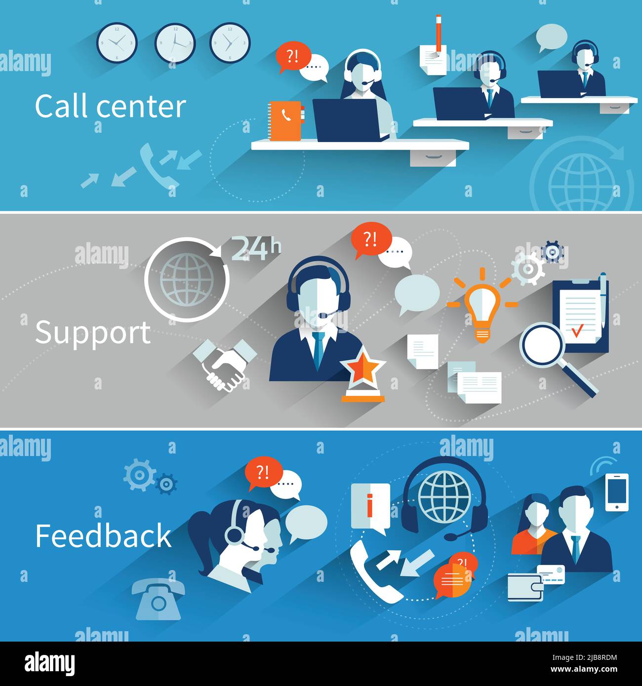 Customer service banners set with call center support feedback isolated vector illustration ...