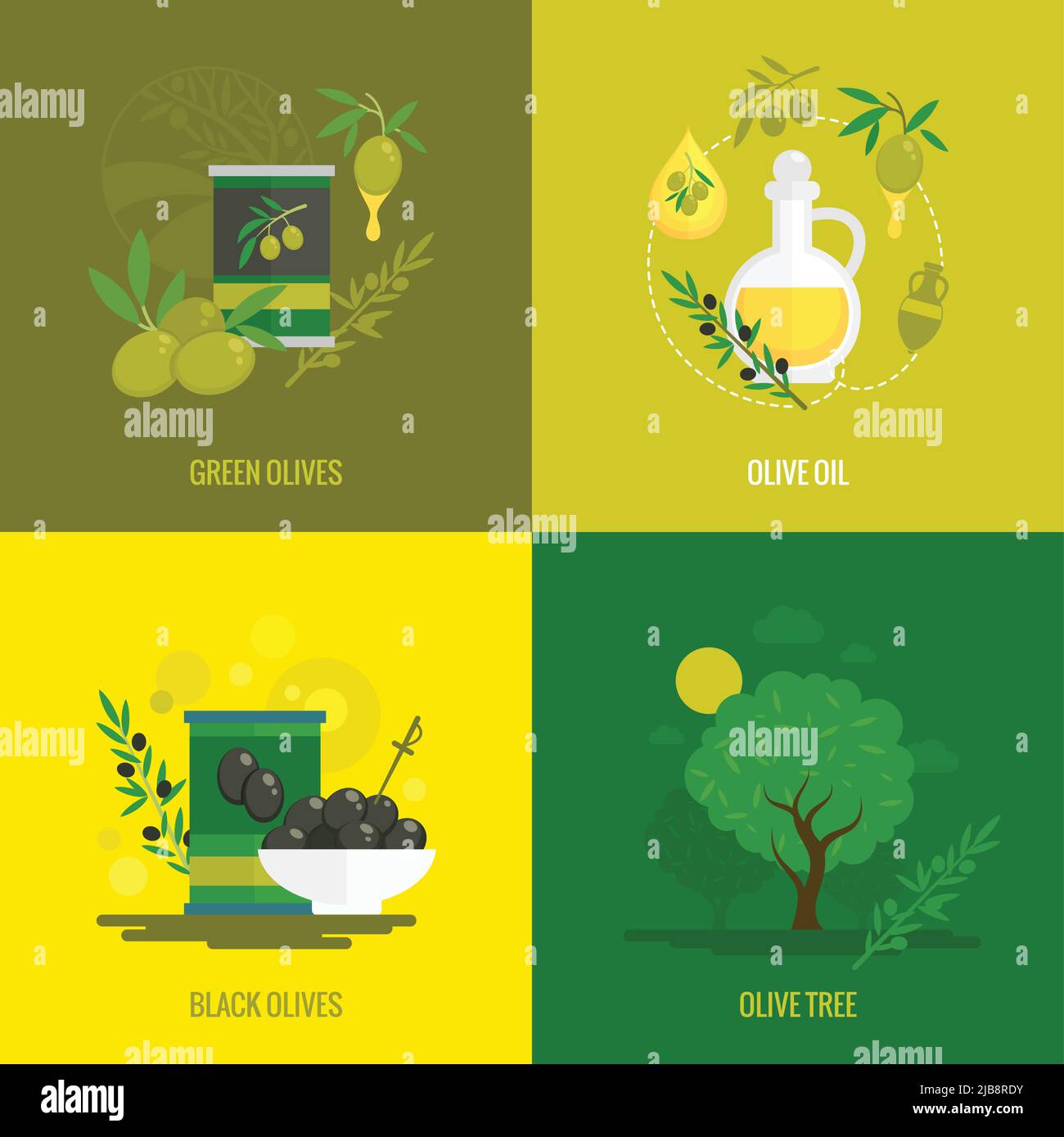 Olives flat icon set with green black oil and tree set isolated vector ...