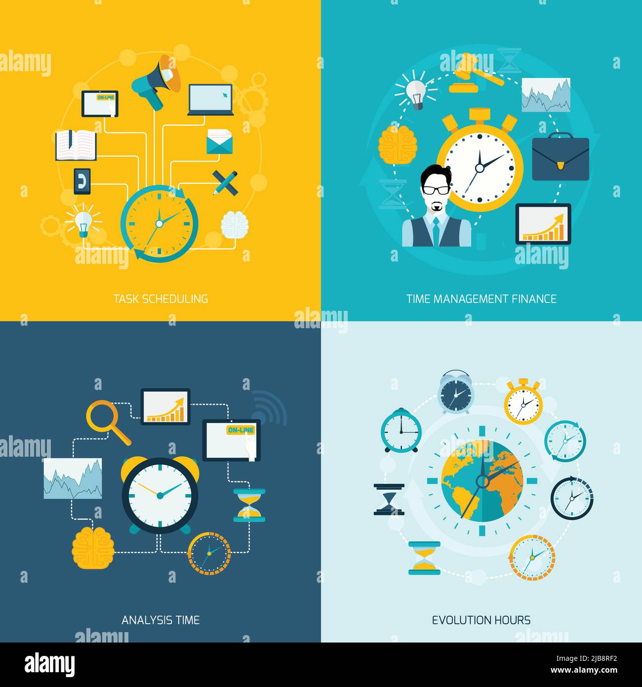 Time management flat icons set with task scheduling time management finance analysis evolution ...