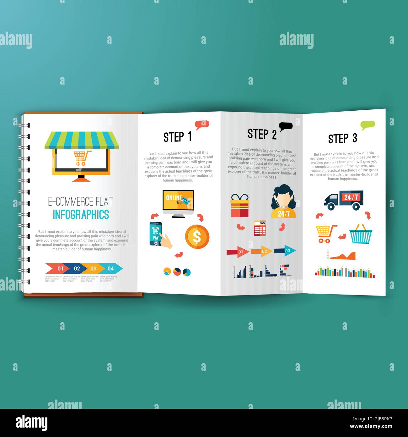 Online shopping e-commerce flat infographics on folded notebook page ...