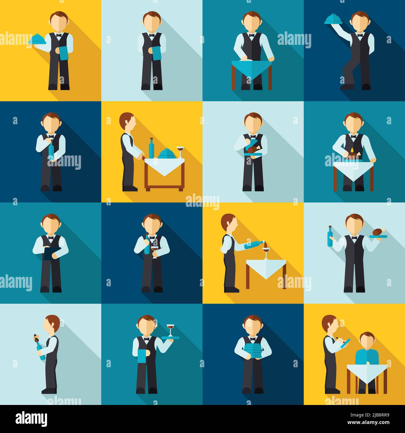 Waiter man avatars in cafe restaurant icon flat set isolated vector ...