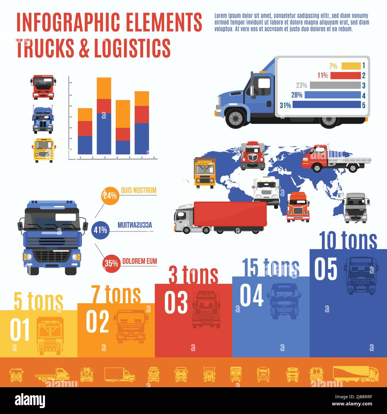 Truck infographic set with delivering and shipping transport and charts ...