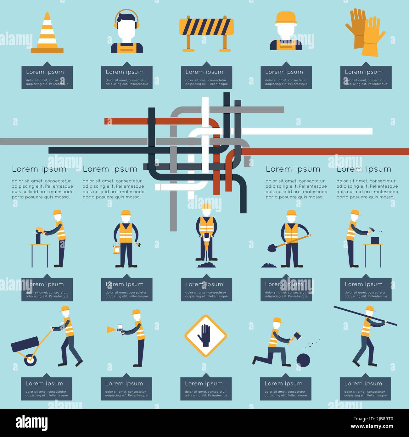 Road worker industrial builders and contractors infographics set vector ...