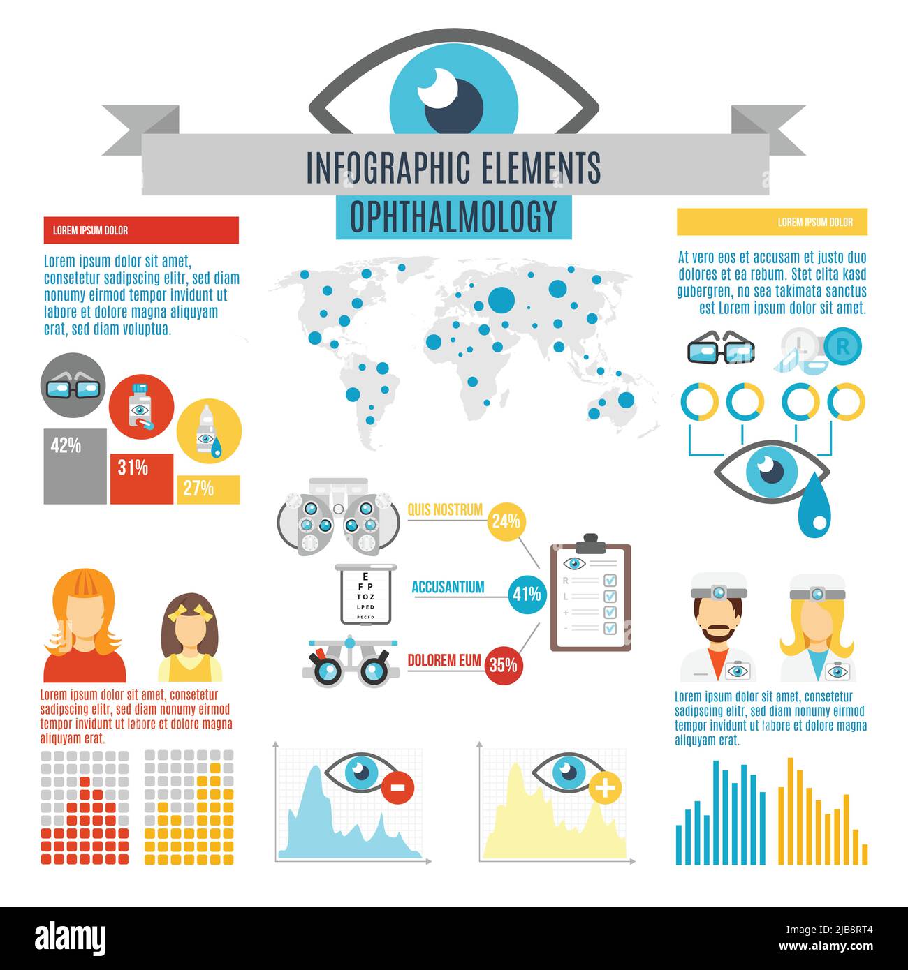 Oculist eyesight correction infographic set with world map and charts ...