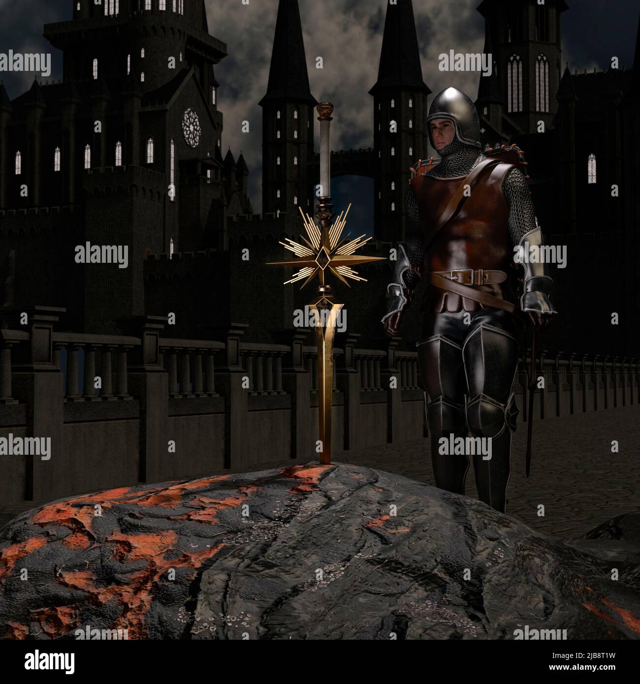 Knight looking at a sword in the stone, against the backdrop of a ...