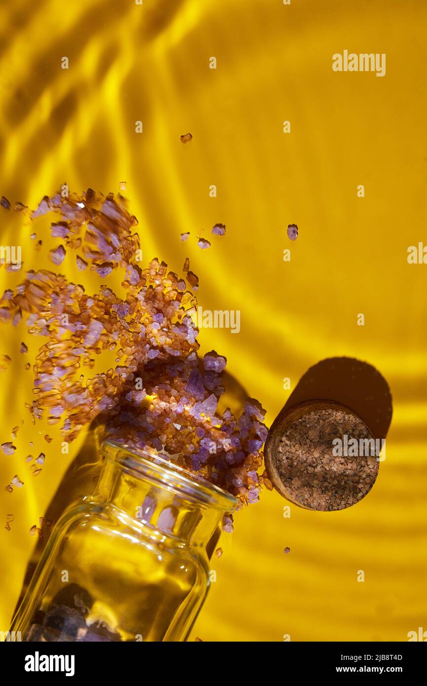 Flat lay bottle sea salt with natural spa products cosmetic, product ...