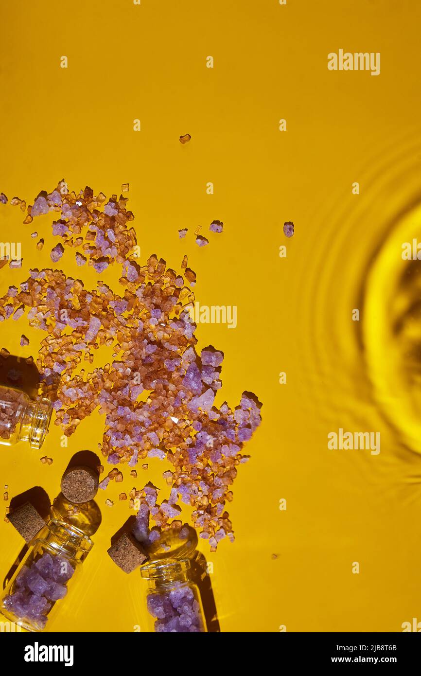 Flat lay bottle sea salt with natural spa products cosmetic, product ...