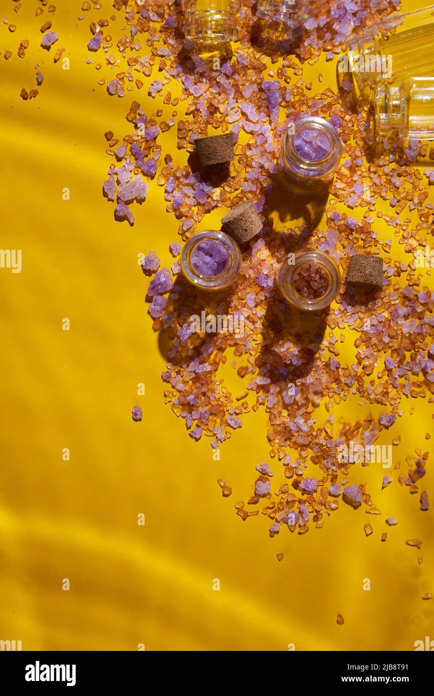 Flat lay bottle sea salt with natural spa products cosmetic, product ...