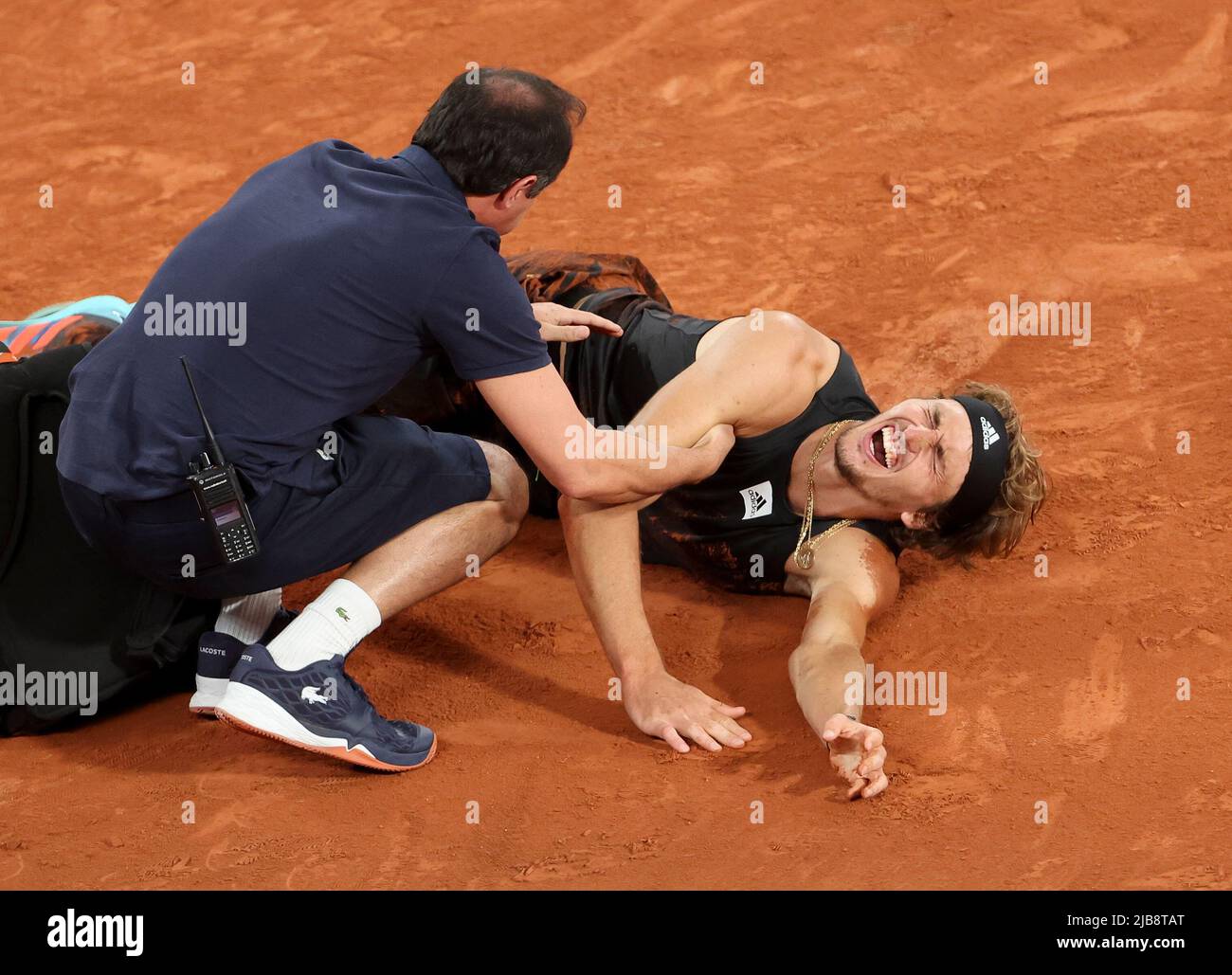 Paris, France. 03rd June, 2022. Alexander Zverev of Germany lies down with a severe injury on ...
